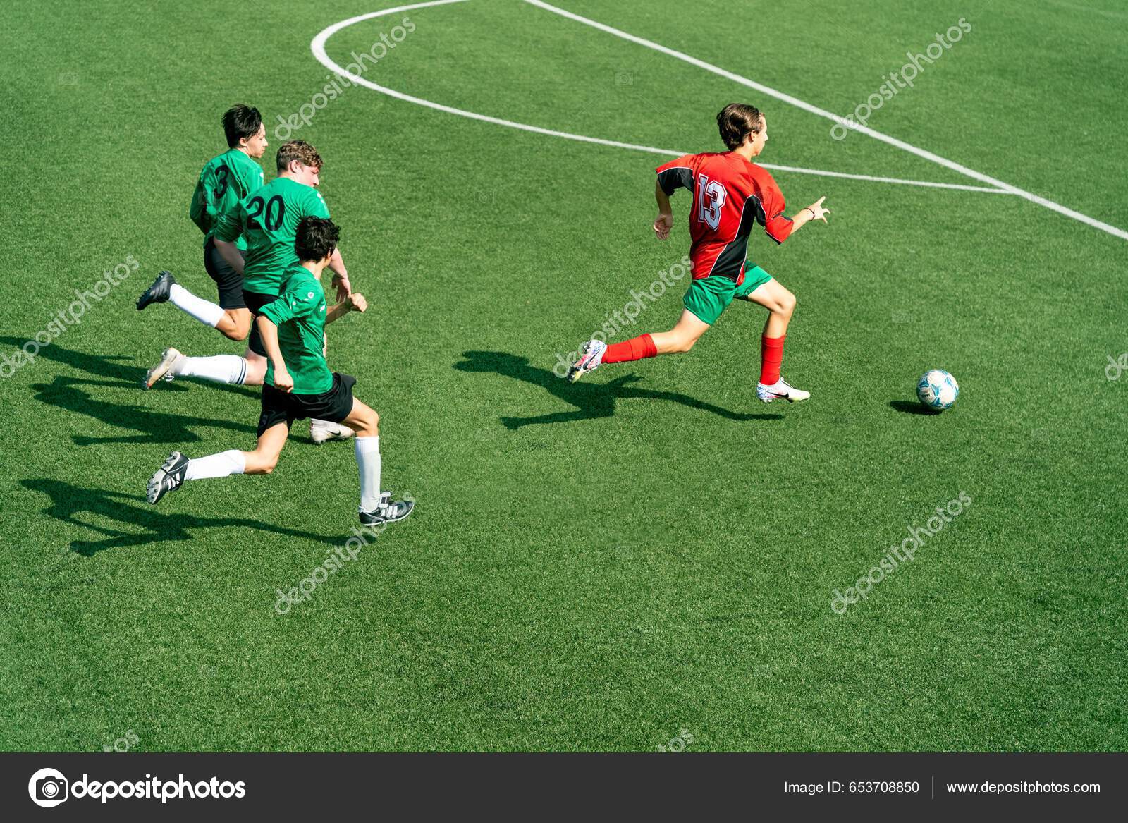 High Angle View Single Soccer Player Chased Three Adversaries Field ...