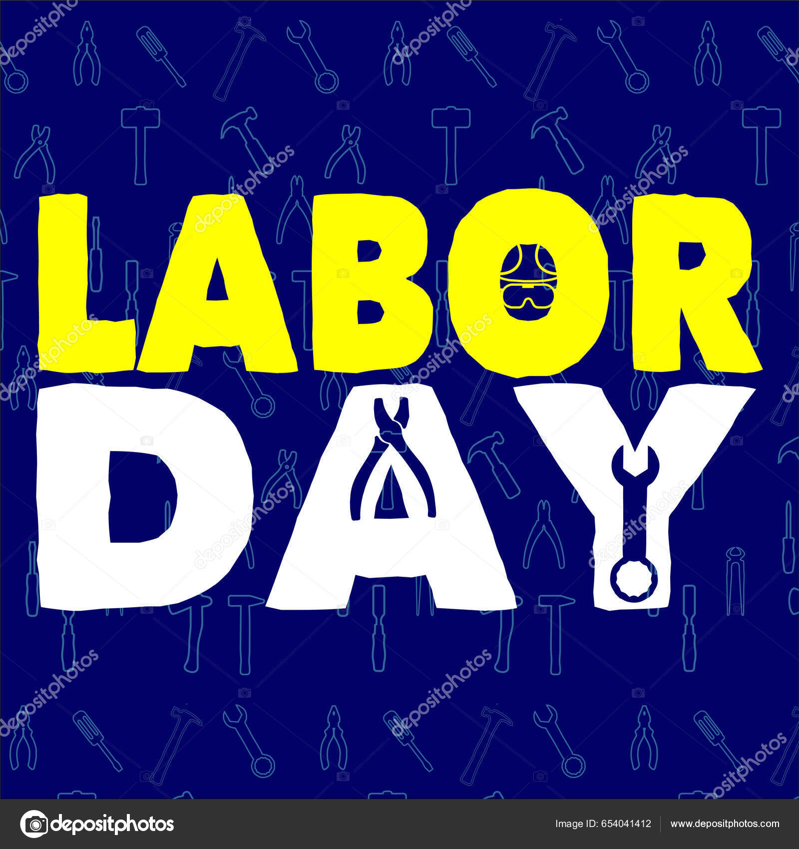 Labor Day Logo Yellow White Letters Tools Pictograms Blue Background ...