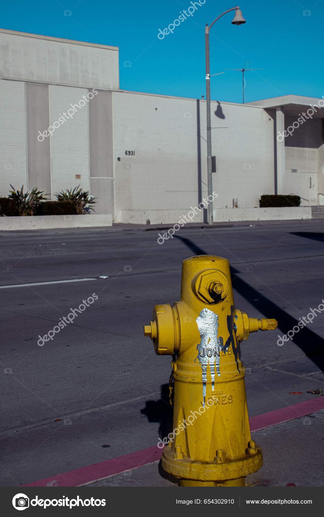 Yellow Fire Hydrant Empty Road White Buildings Other Side — Stock Photo ...