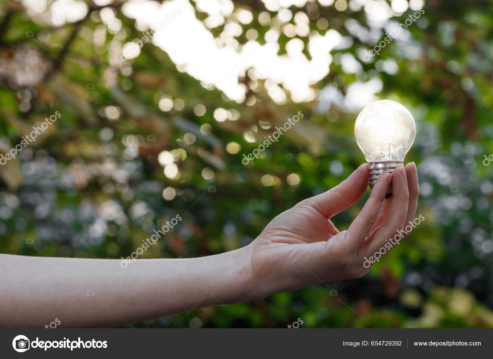 Woman's Hand Holding Lit Lightbulb Bokeh Nature Background Concept Having — Stock Photo ...