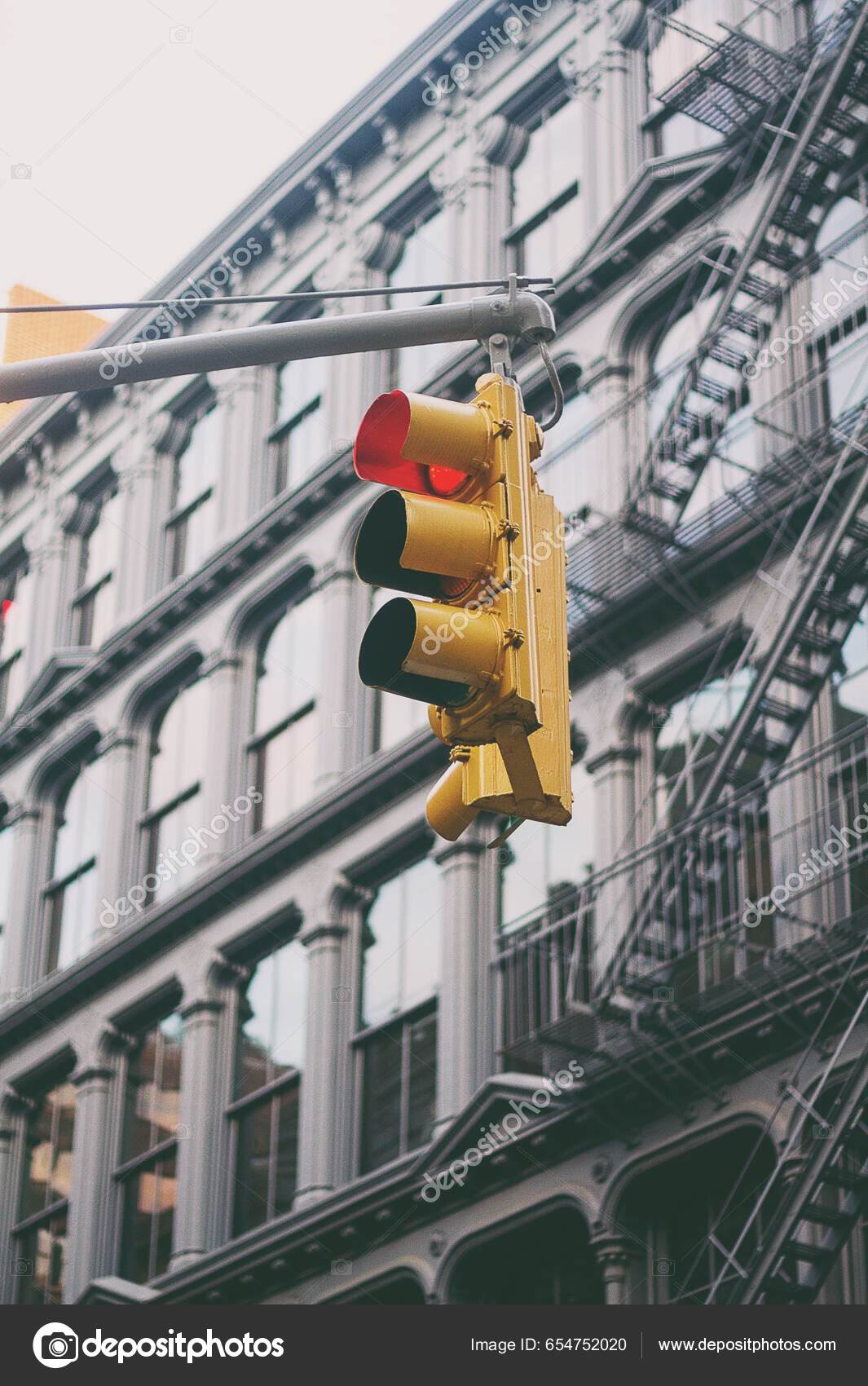 Vertical Shot Hanging Traffic Lights Red Light Building Background ...
