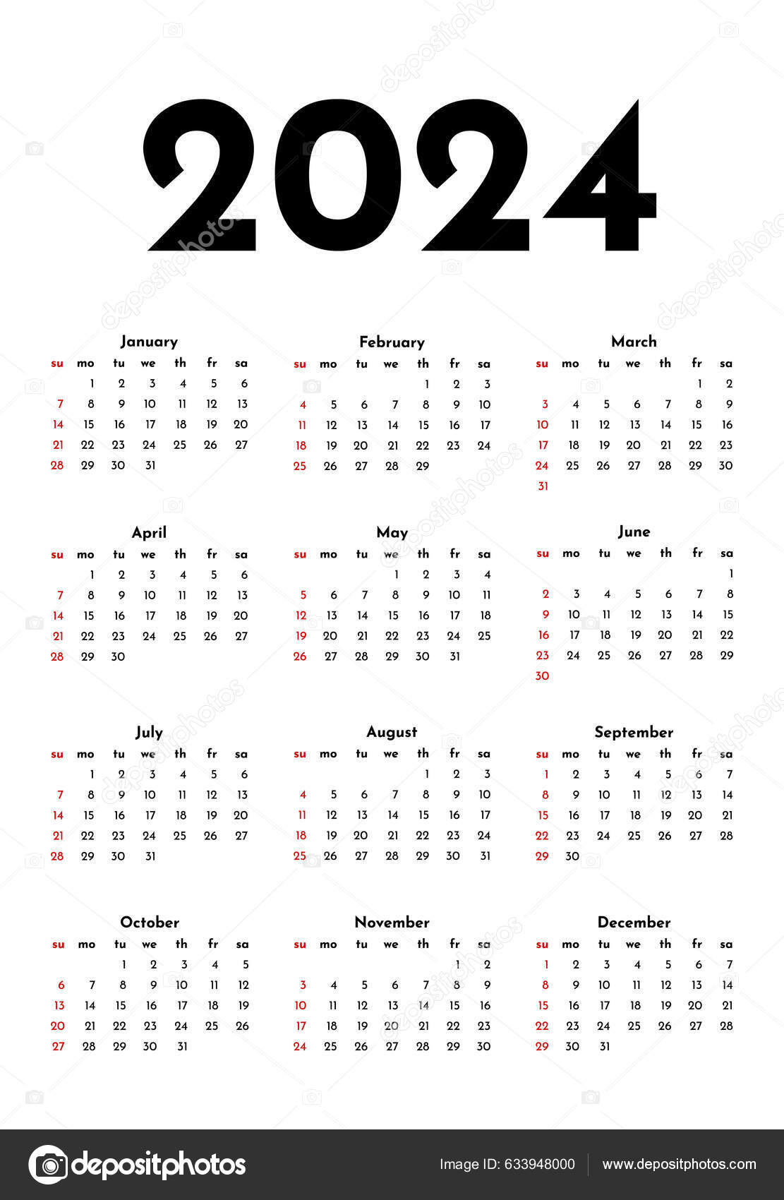 2024年的日历被白色背景隔离 周日到周一 业务模板 矢量说明 图库矢量图©DniproDD 633948000