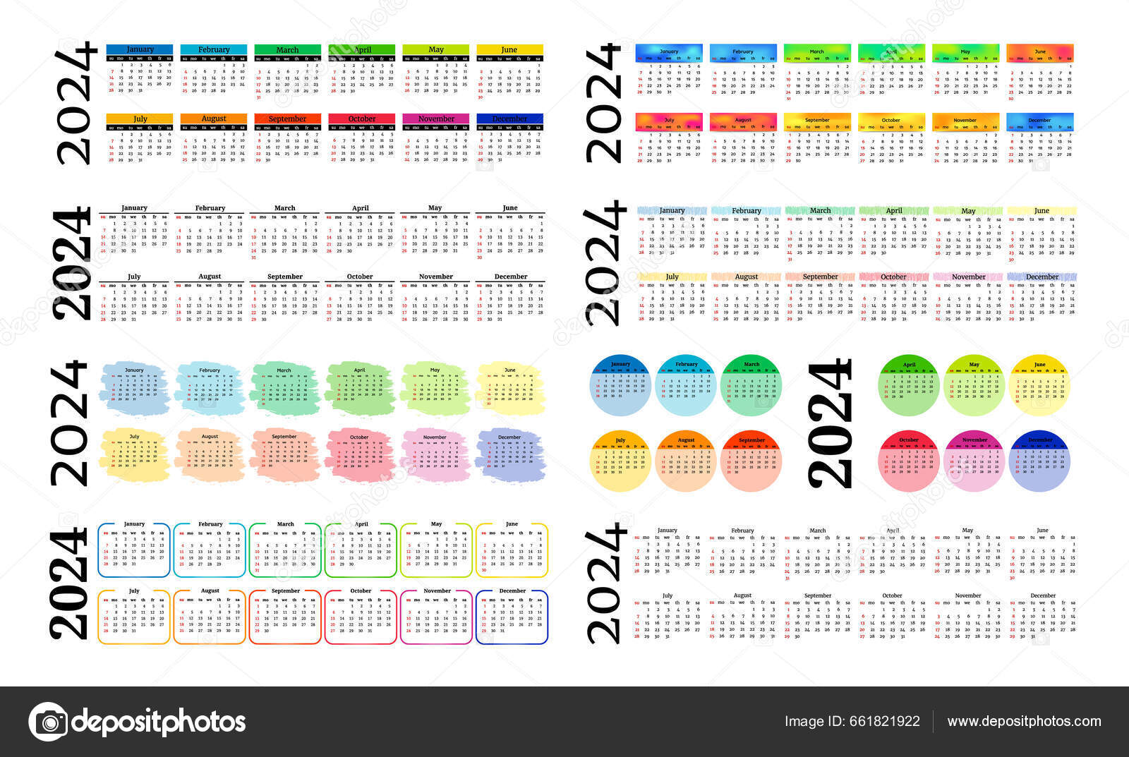 Set Von Acht Horizontalen Kalendern Für 2024 Isoliert Auf Weißem Stock ...