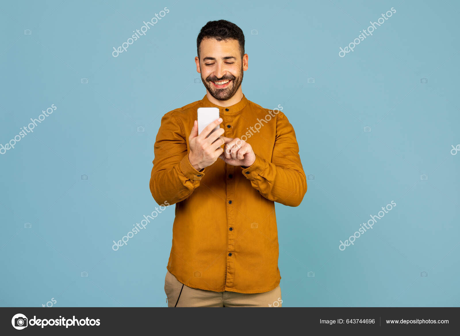 Happy Italian Man Using Cellphone Blue Studio Background Smiling ...