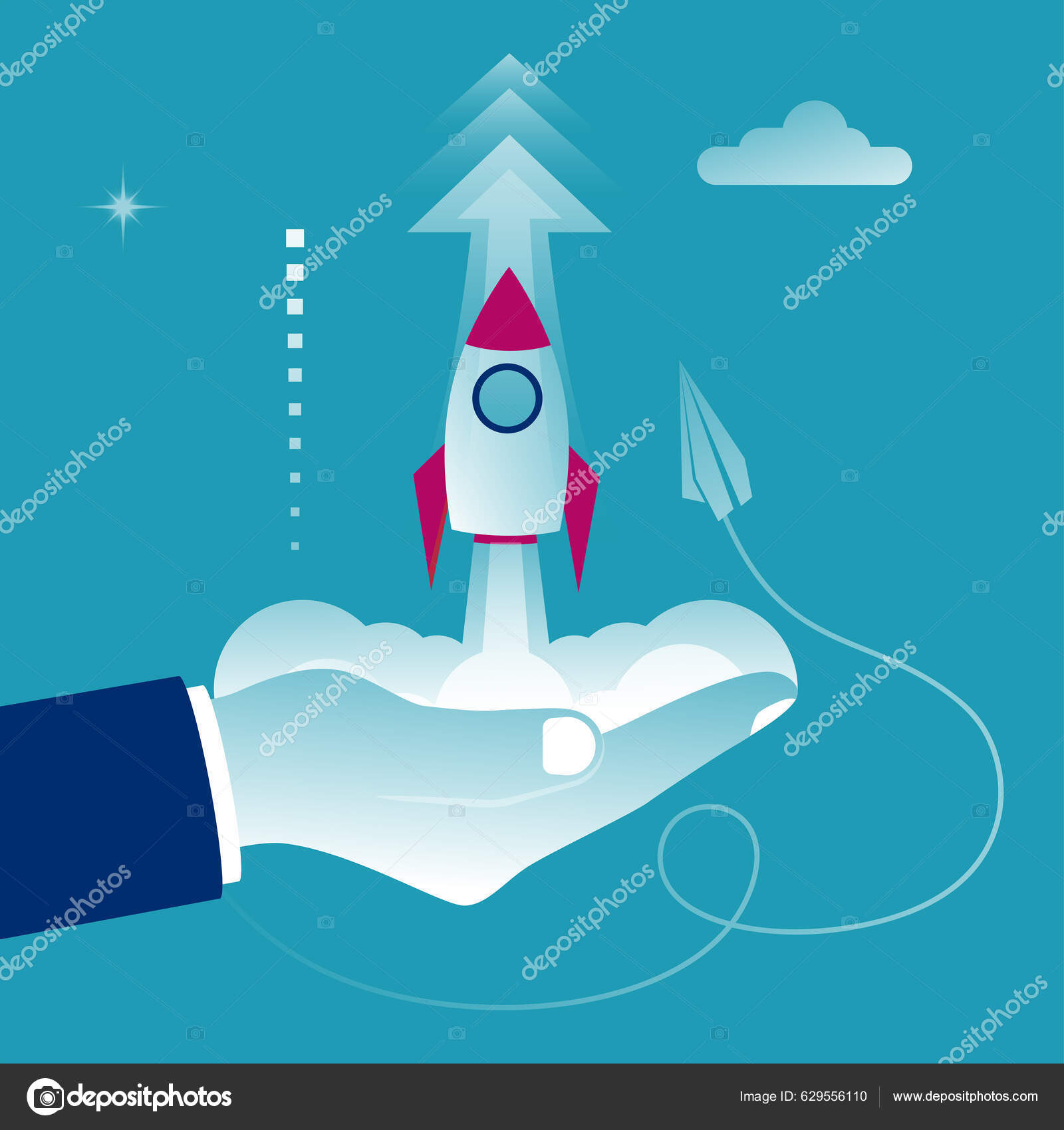 Start Concept Businessman Holds Flying Rocket Hand Symbol Start ...