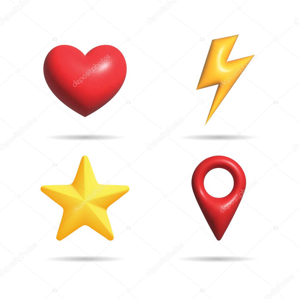 Conjunto de icono 3d, corazón rojo, estrellas o calificación, relámpago ...