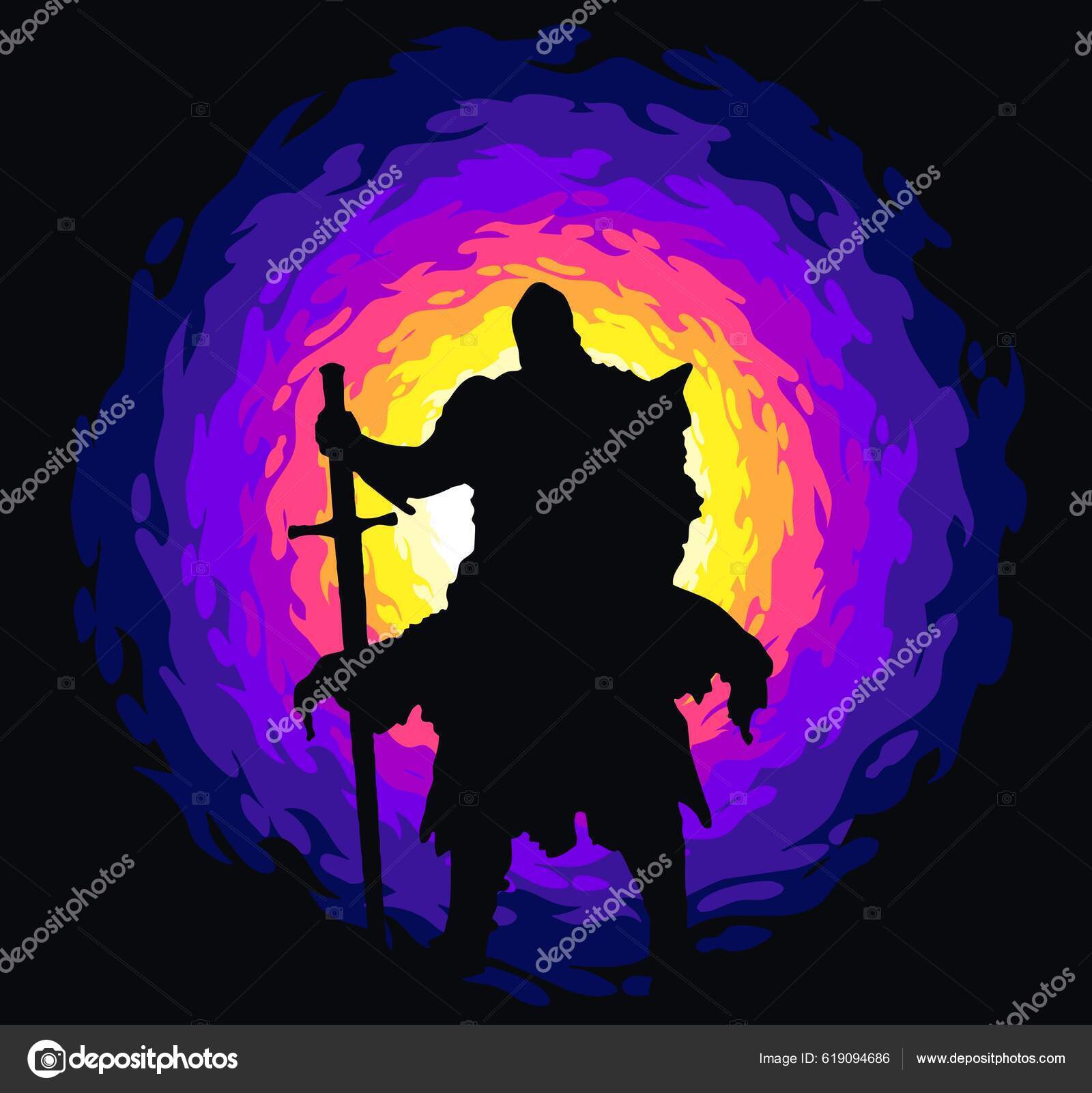 Silhouette Knight Sword Background Bright Swirl Stock Vector by ©Pro ...