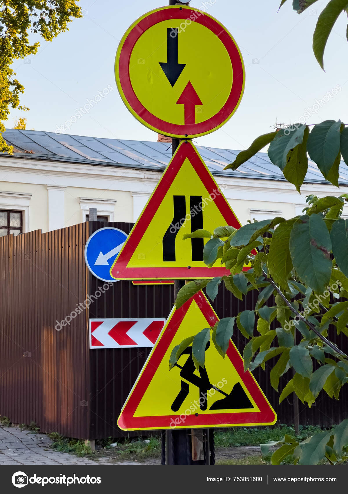Brightly Colored Construction Signs Alert Drivers Changing Road ...