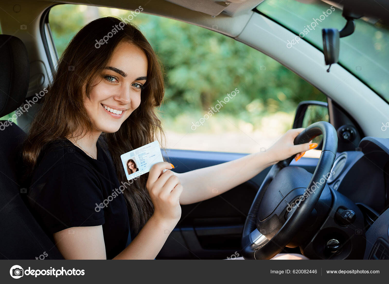 Smiling Young Female Pleasant Appearance Shows Proudly Her Drivers ...