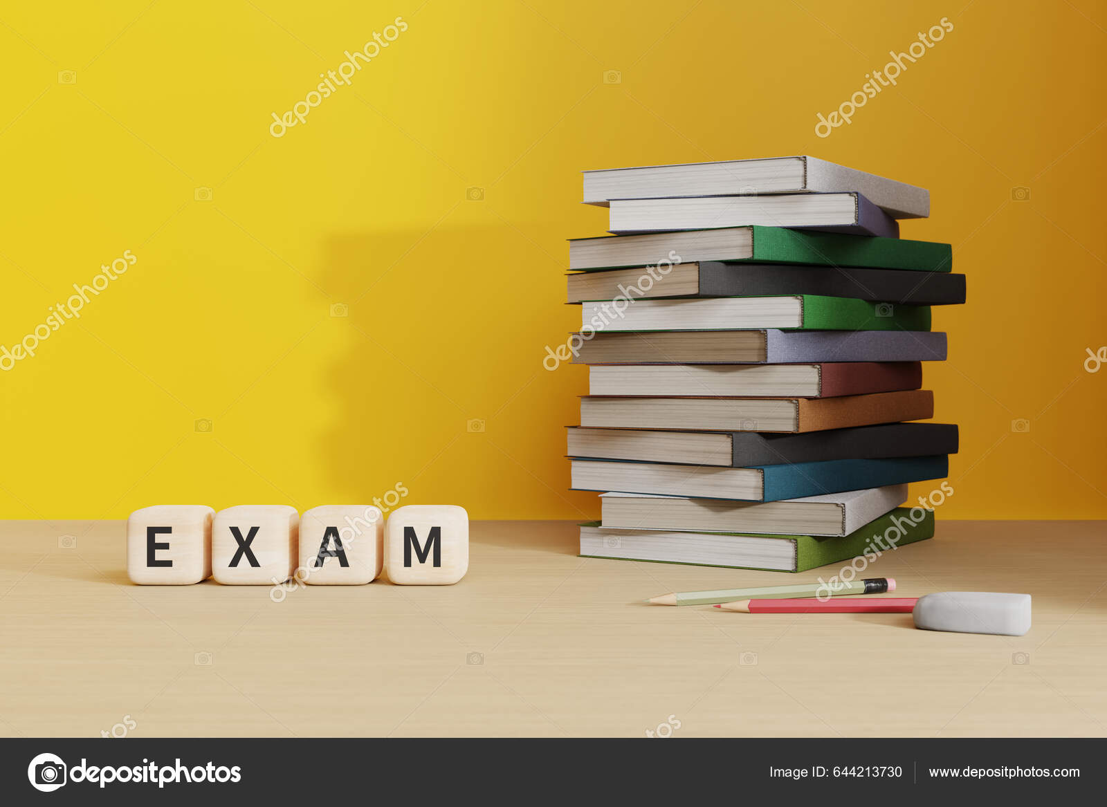 Wooden Cube Front Yellow Wall Books Desk Word Exam Written — Stock ...