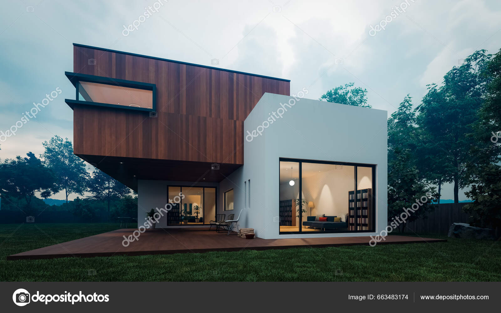Perspective View Modern Two Story House Architecture Cloudy Day Wood ...