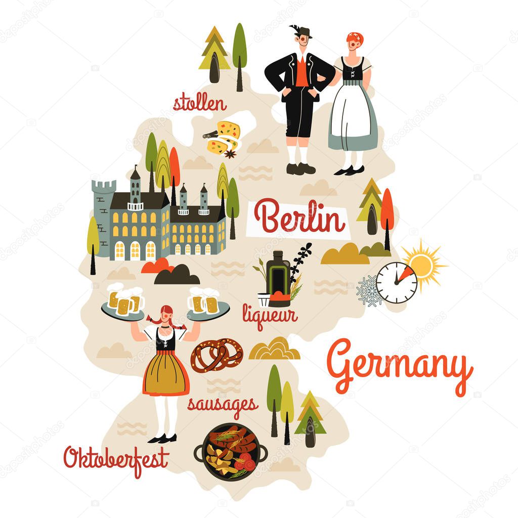Germany map hand drawn in cartoon style. People in national dress ...