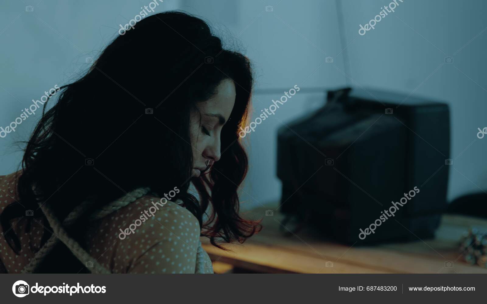 Man Black Balaclava Sitting Table Holding Gun Looking Female Hostess ...