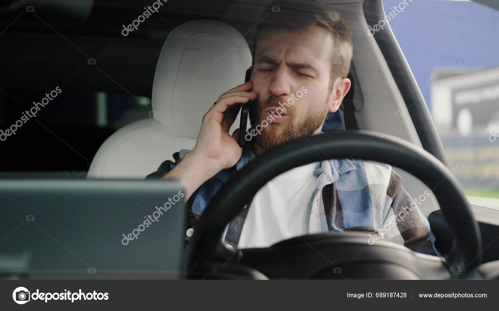 Angry Man Sitting Car While Holding Smartphone Talking Lifestyle ...