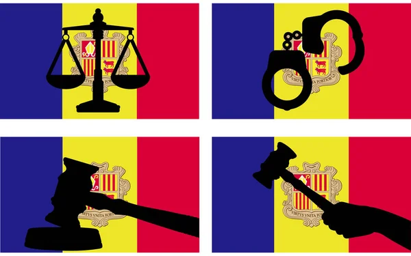 Bandera de Andorra con silueta vectorial de justicia, martillo de mazo ...