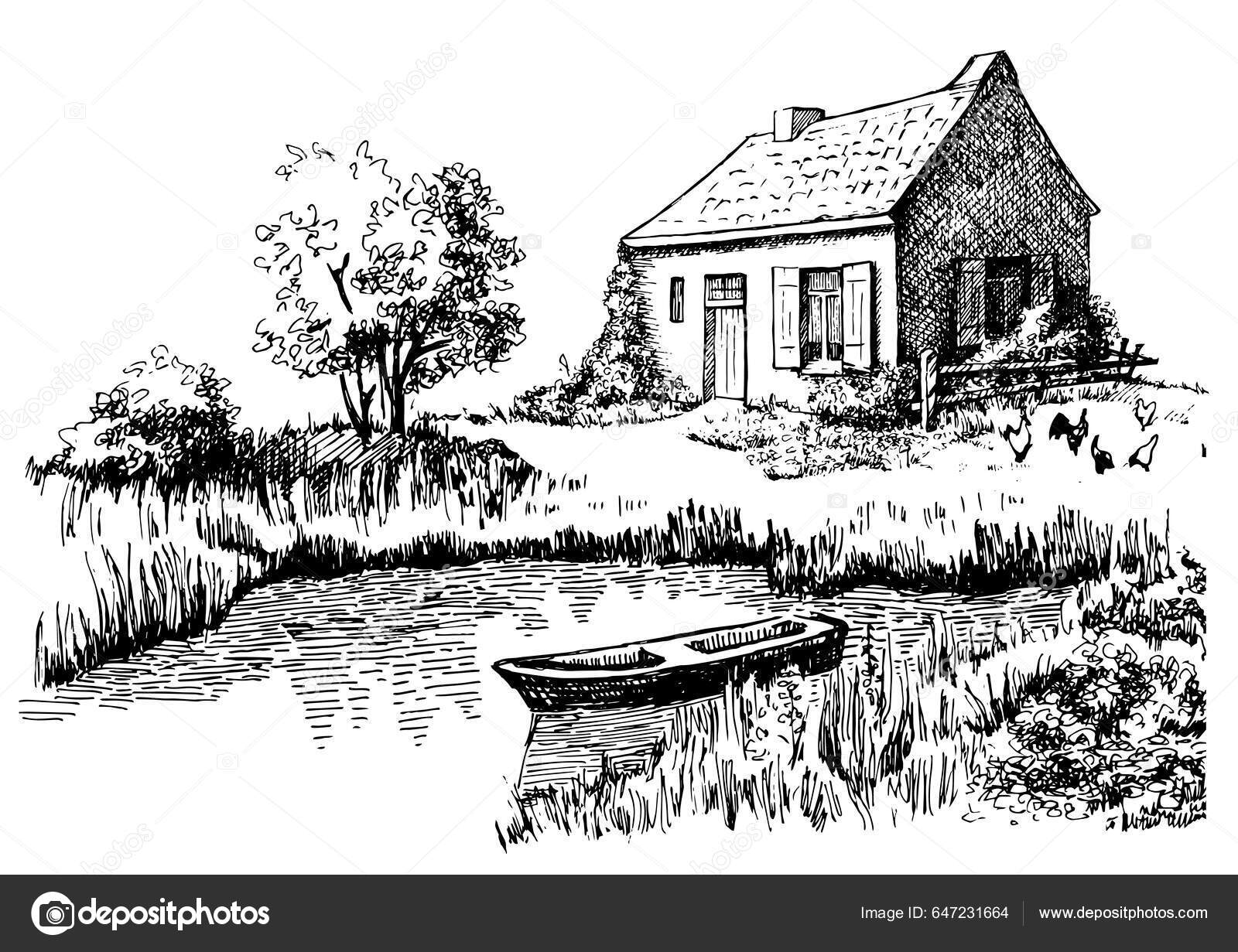 Panorama Paisaje Rural Con Río Dibujo Pluma Convertido Dibujo Vectorial ...