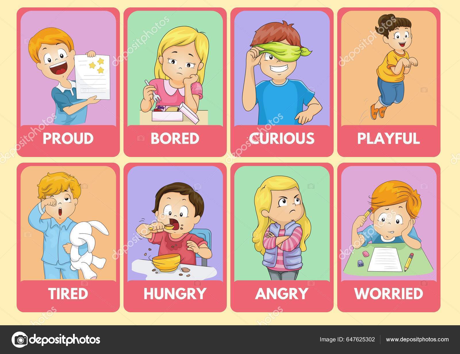 Pastel Colorido Niños Sentimientos Emociones Flashcards Ilustración de ...