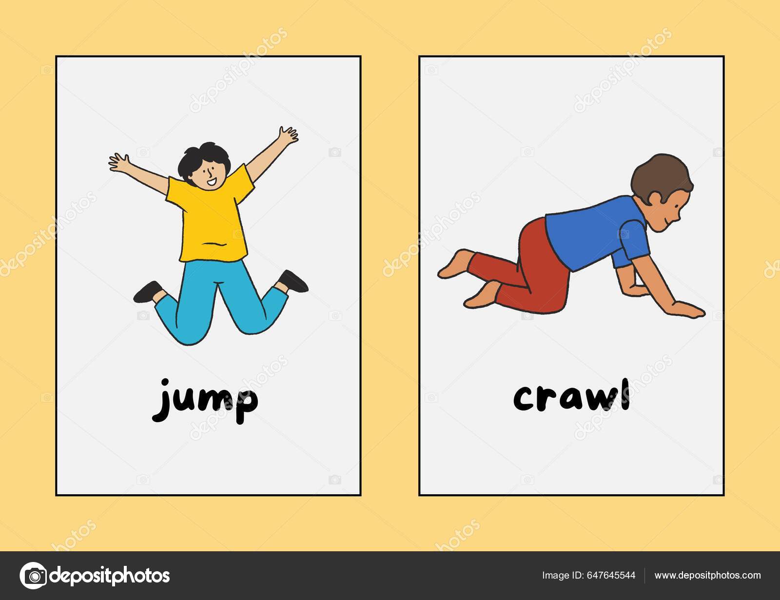 Yellow White Illustrated English Common Action Words Flashcards Stock ...