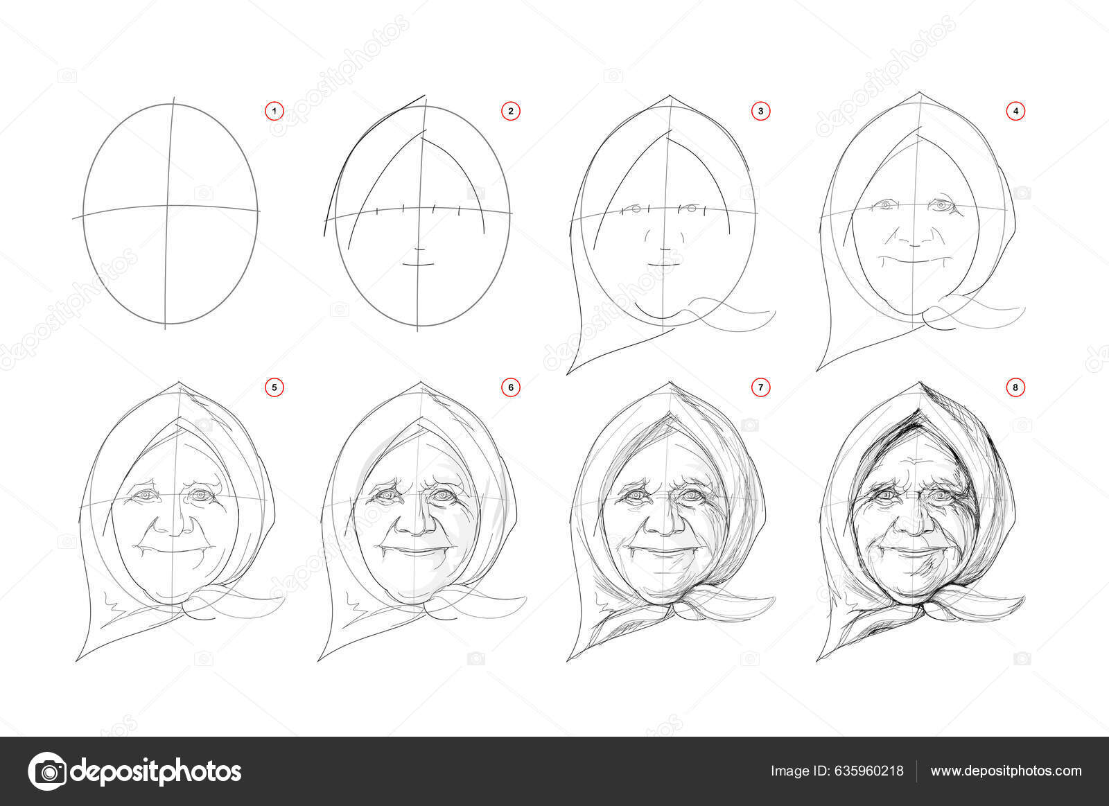 Page Shows How Learn Draw Sketch Old Granny Face Pencil Vector de stock ...