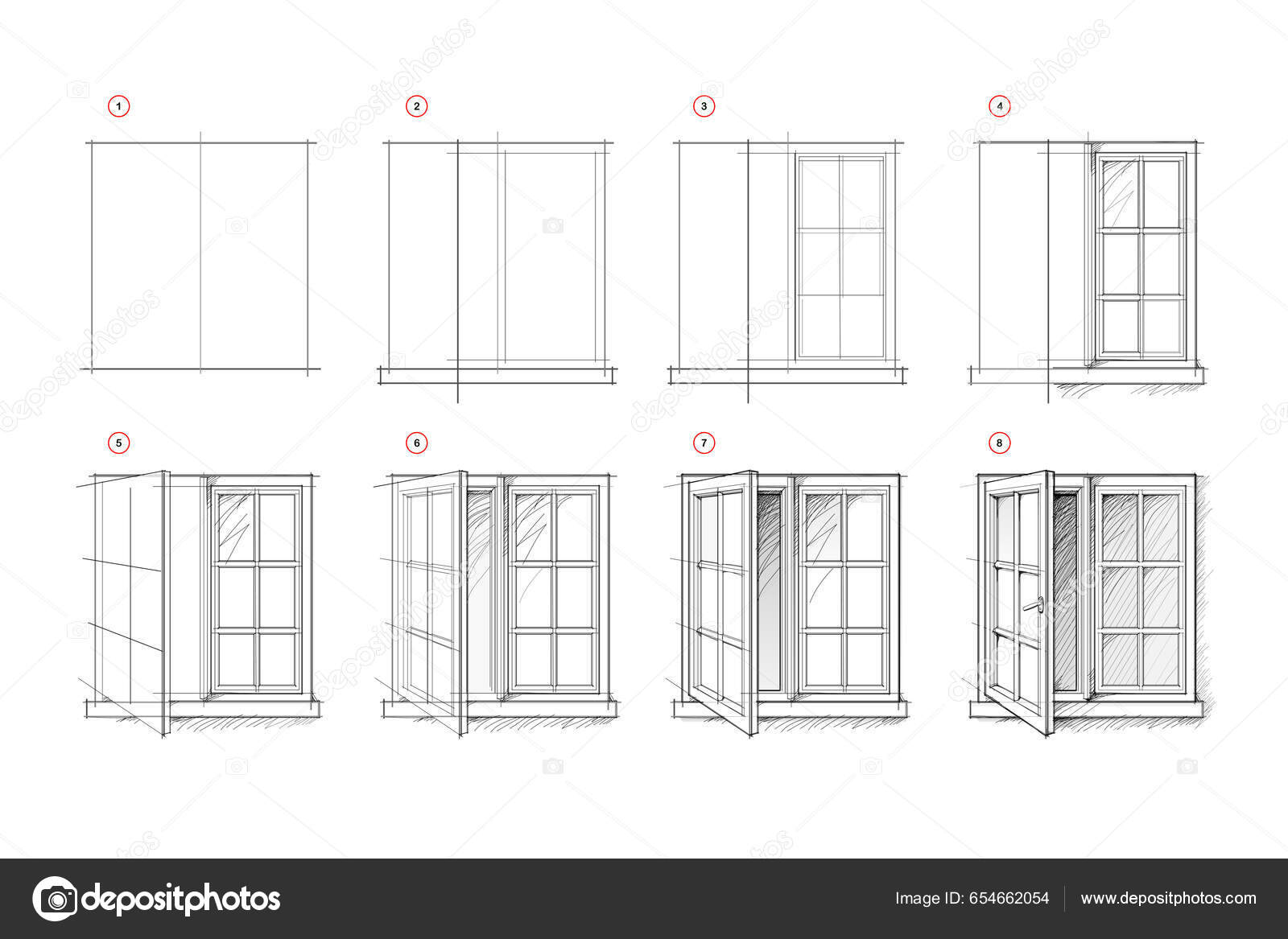 Page Shows How Learn Draw Sketch Half Open Window Pencil Stock Vector ...