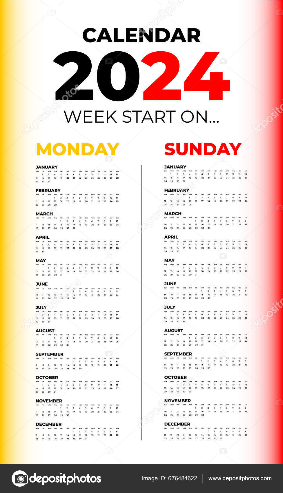 Image vectorielle Calendrier Vectoriel Pour 2024 Sur Fond Blanc Semaine Débutant Lundi par ©w ...