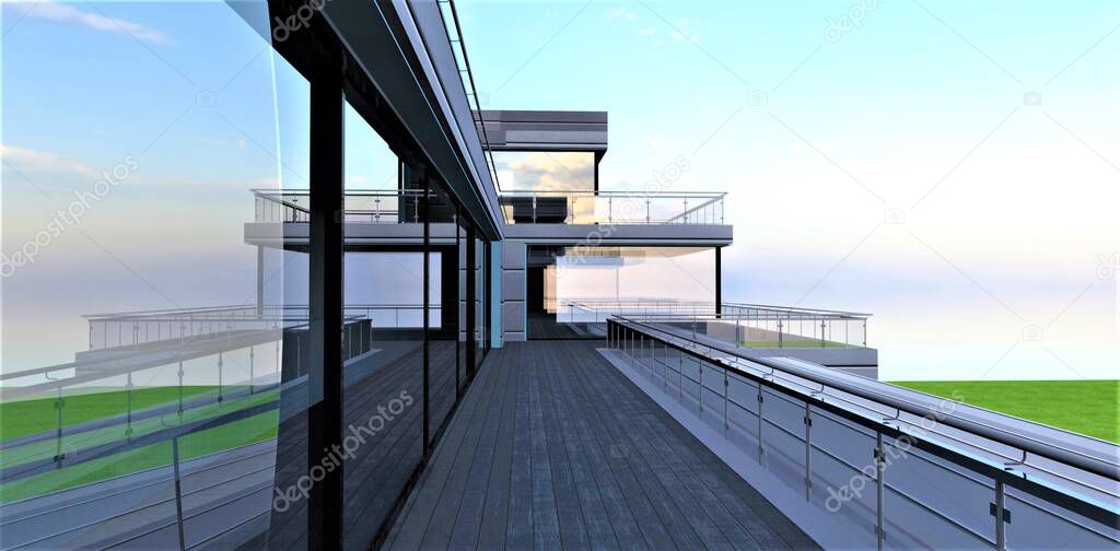 Elegante terraza de una casa avanzada con suelo de madera. Grandes ...