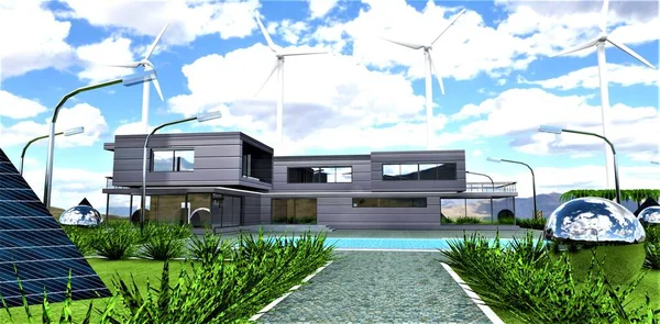 Amazing estate of the future. Wind turbines on the territory provide ...