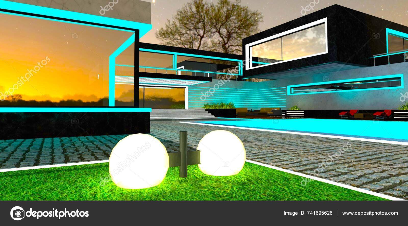 Light Double Lamp Courtyard Cozy Estate Built High Tech Style — Stock ...