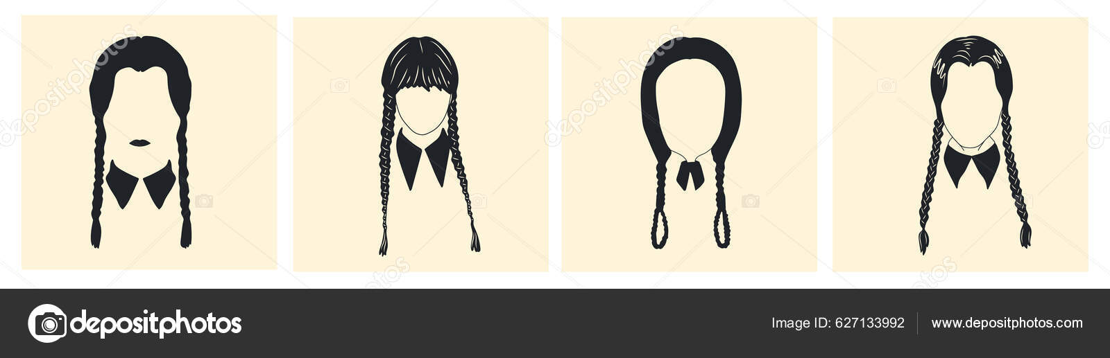 Set Symbol Face Wednesday Girl Braids Silhouette Vector Stock Vector by ...