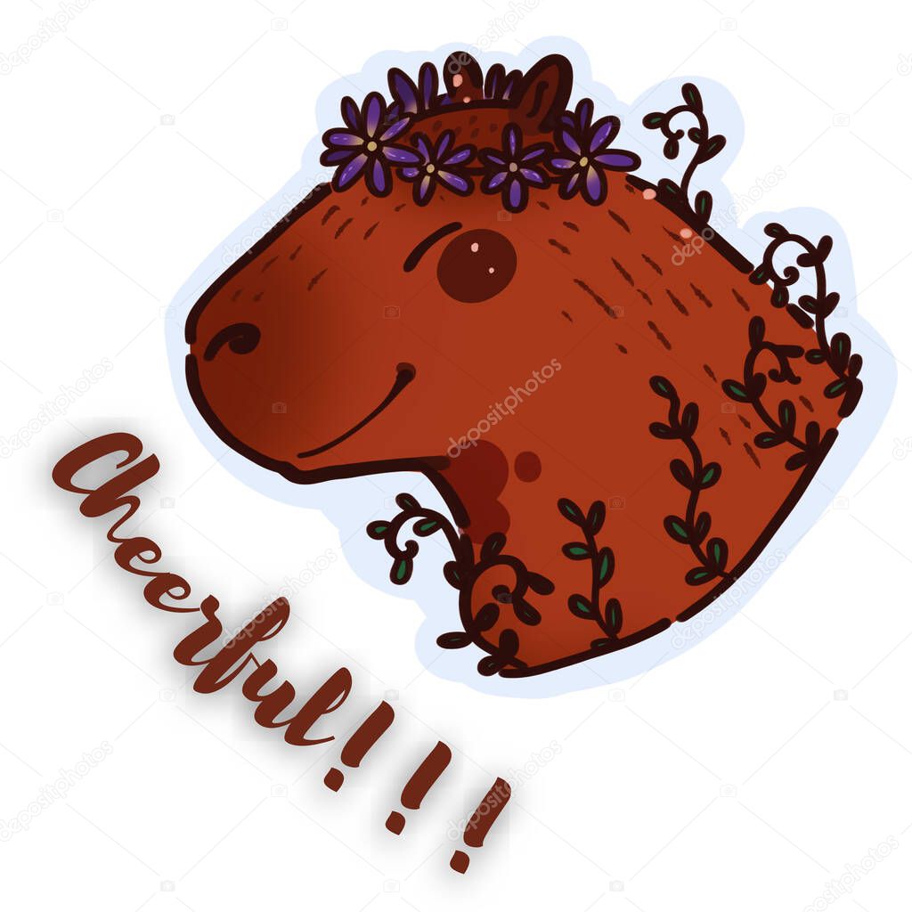 Capybara en una corona de flores. Ilustración digital. Una pegatina ...
