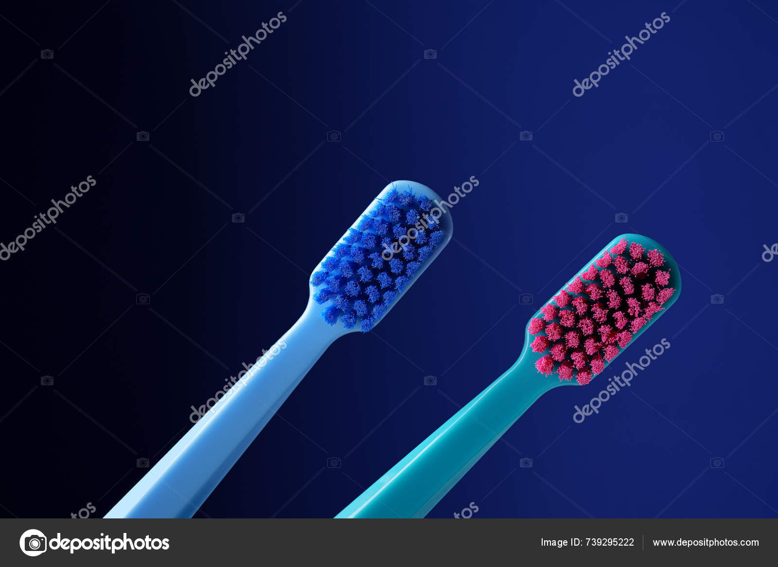 Horizontal Photo Two Bright Plastic Toothbrushes Dark Blue Background ...