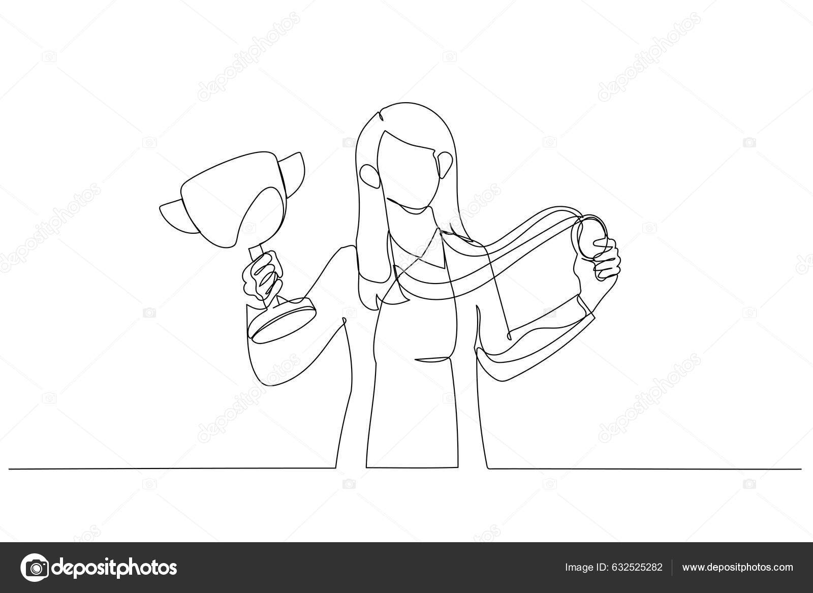 Kresba Podnikatelky Držící Zlatou Medaili První Cenu Jednoduchý Styl ...