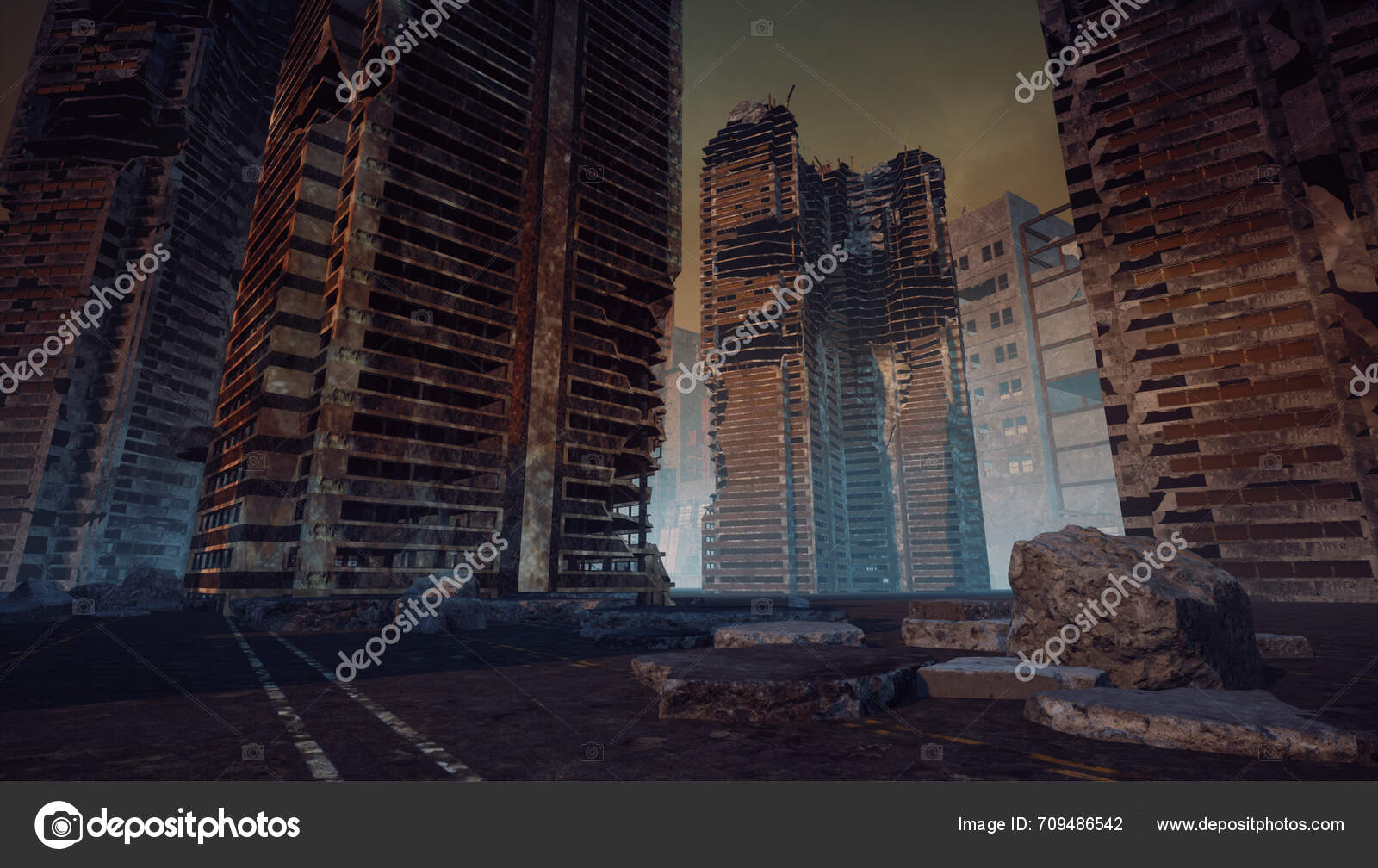 Post Apocalyptic Cityscape Ruined Buildings Skyscrapers — Stock Photo ...
