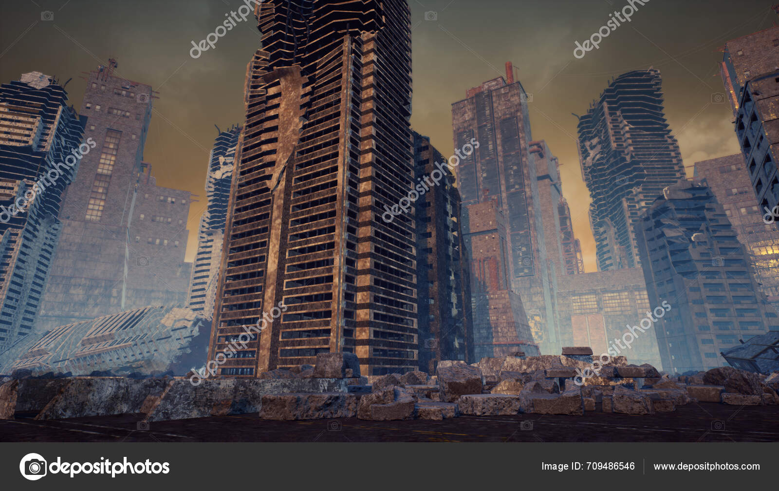 Post Apocalyptic Cityscape Ruined Buildings Skyscrapers — Stock Photo ...