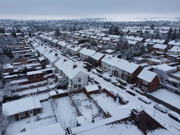 High angle view of Snow covered North Luton's landscape and Cityscape ...