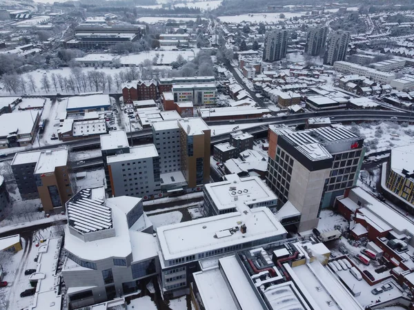 High angle view of Snow covered North Luton's landscape and Cityscape ...