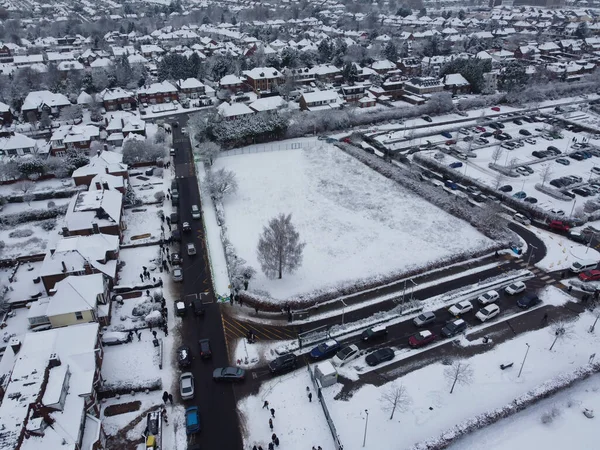 High angle view of Snow covered North Luton's landscape and Cityscape ...