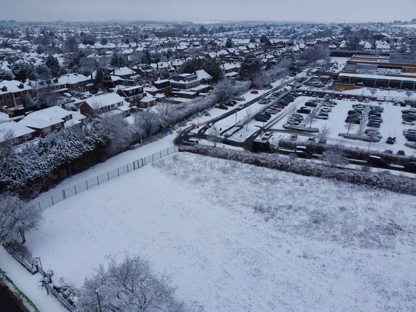 High angle view of Snow covered North Luton's landscape and Cityscape ...