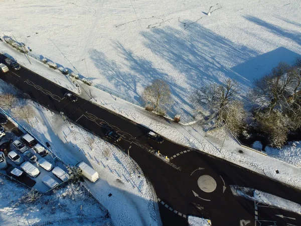 High angle view of Snow covered North Luton's landscape and Cityscape ...