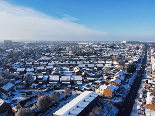 High angle view of Snow covered North Luton's landscape and Cityscape ...
