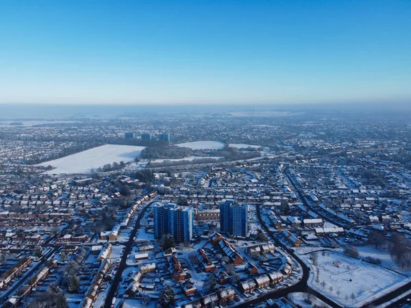 High angle view of Snow covered North Luton's landscape and Cityscape ...