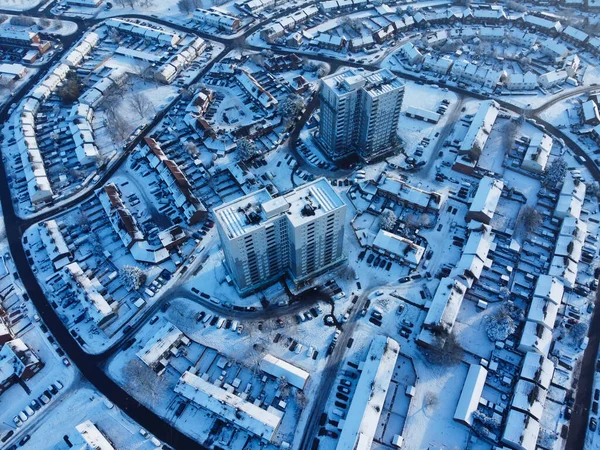 High angle view of Snow covered North Luton's landscape and Cityscape ...