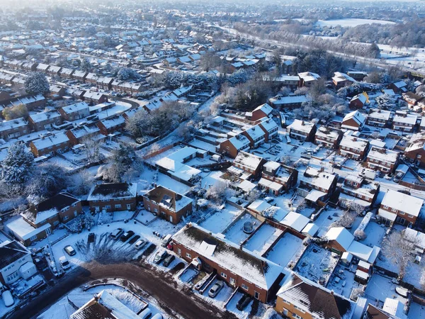 High angle view of Snow covered North Luton's landscape and Cityscape ...