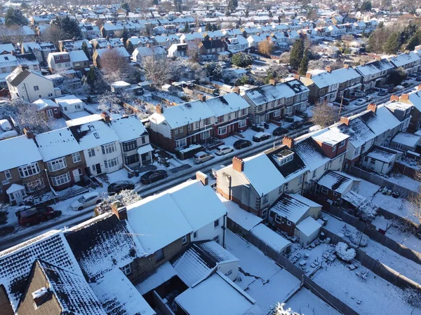 High angle view of Snow covered North Luton's landscape and Cityscape ...