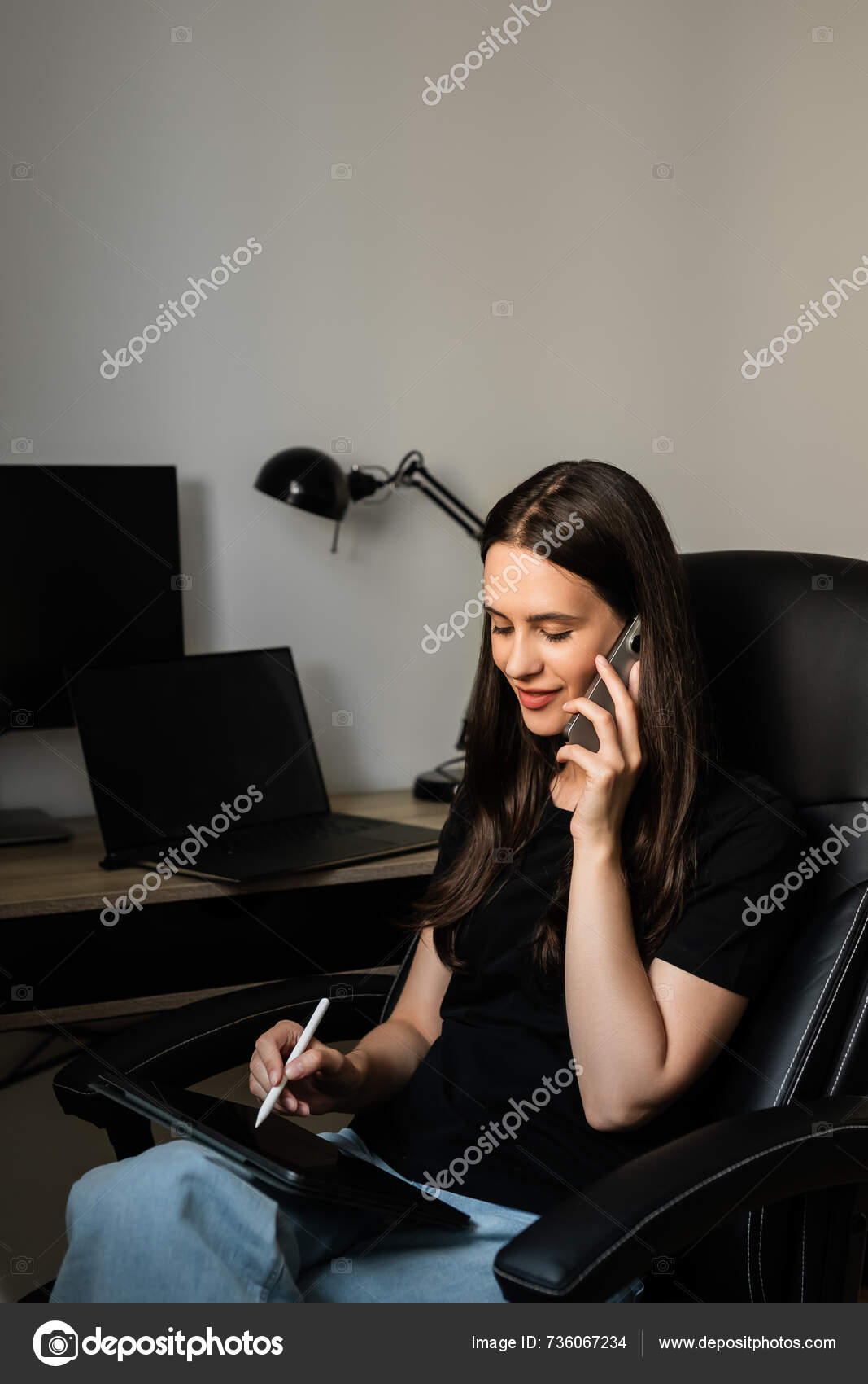 Confident Female Remote Employee Freelancer Sit Table Search Files ...