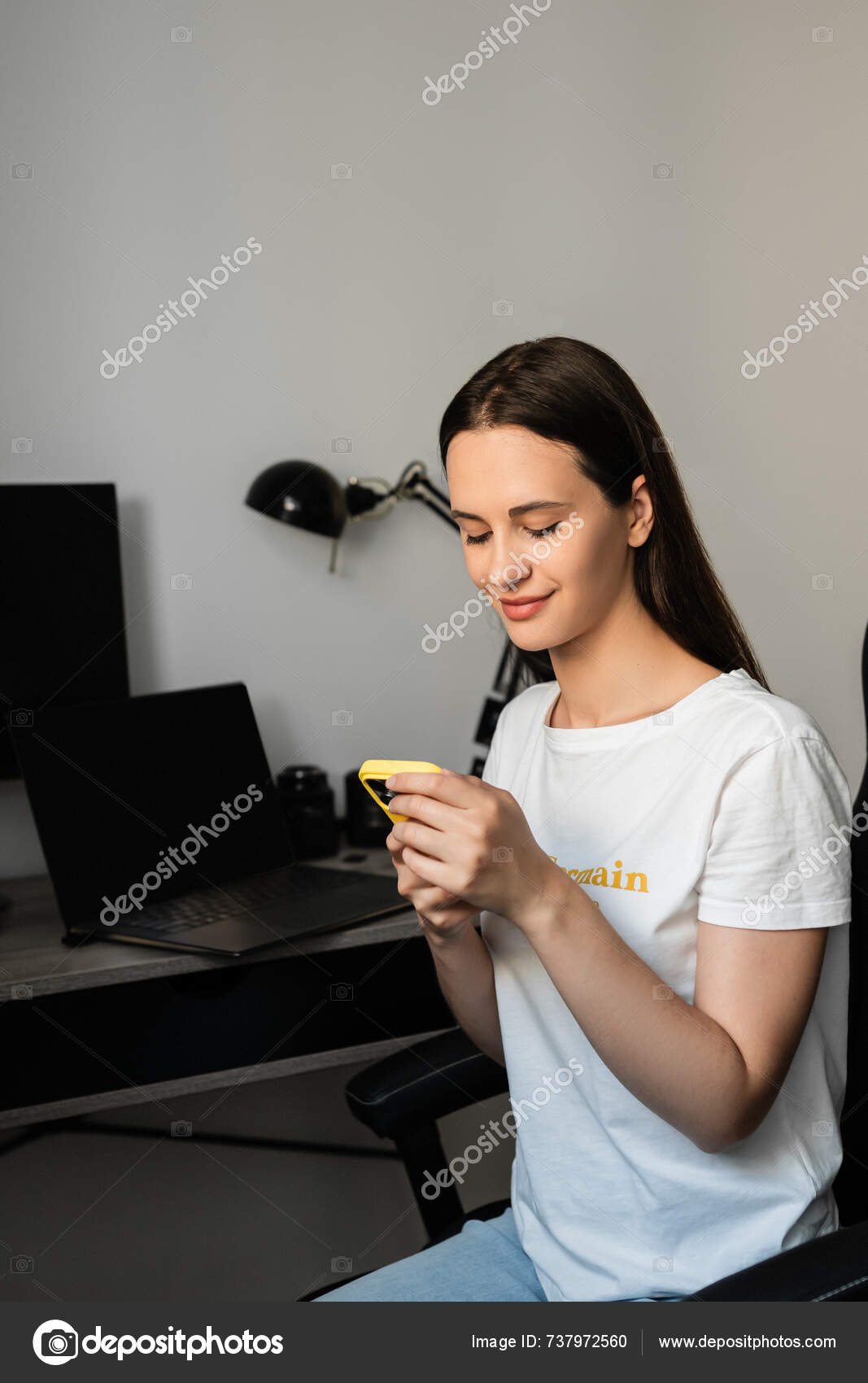 Confident Female Remote Employee Freelancer Sit Table Search Files ...