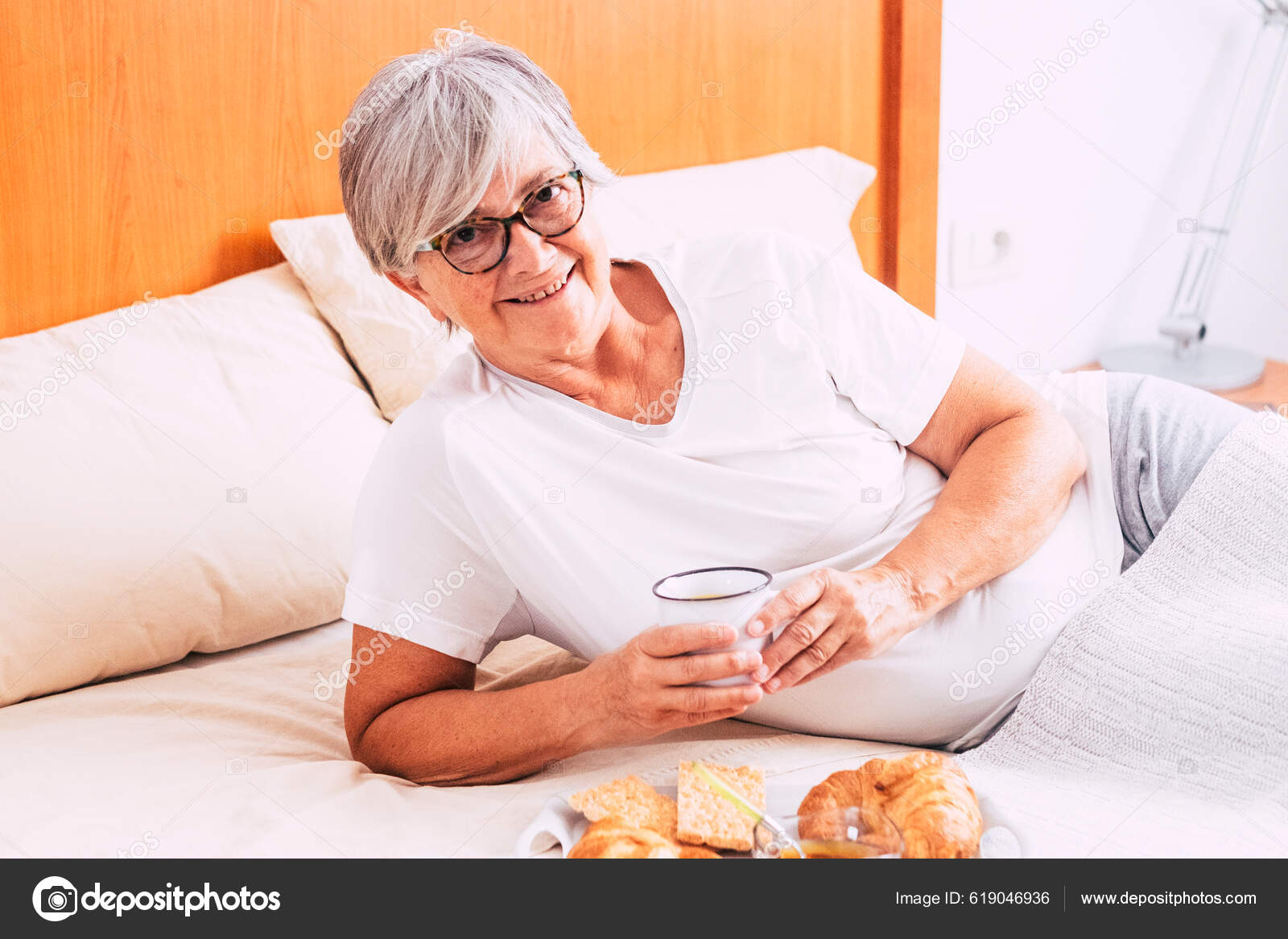 Mature Woman Sitting Bed Eating Croissant Crackers Drinking Juice ...