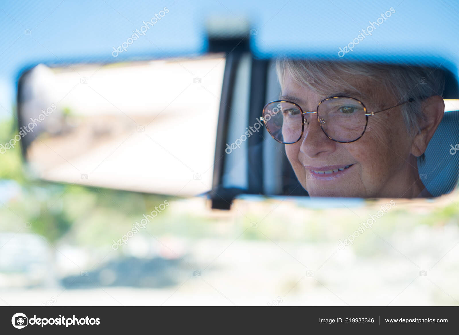 Close One Old Woman Looking Road While Driving Back Mirror — Stock ...