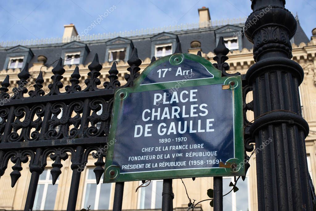 street sign indicating Place Charles de Gaulle in Paris. Famous place ...