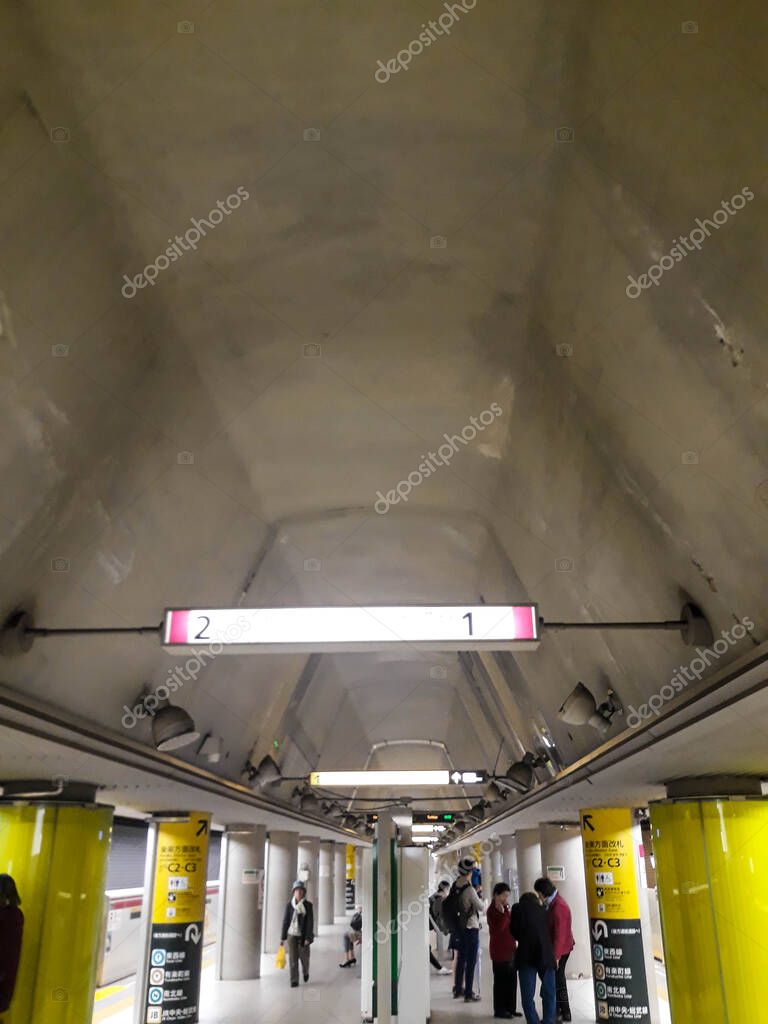 Osaka, Japan on April 9, 2019. Photo of a train station platform five ...